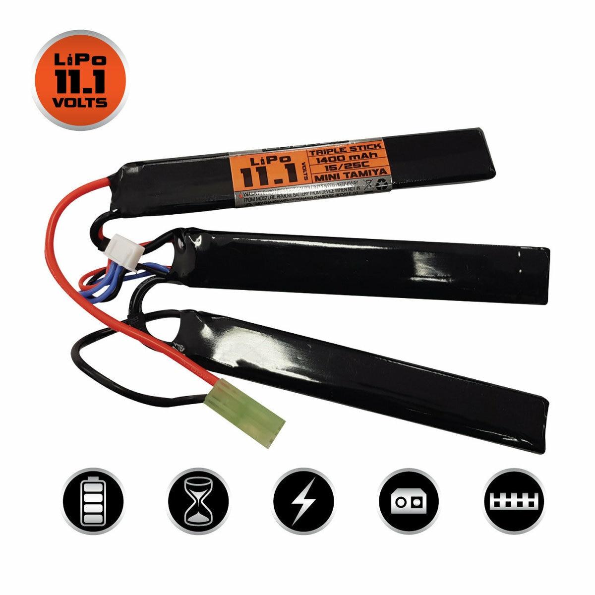 Valken 11.1V 1400mAh 25C Triple Split Airsoft LiPO Battery, Small Tami